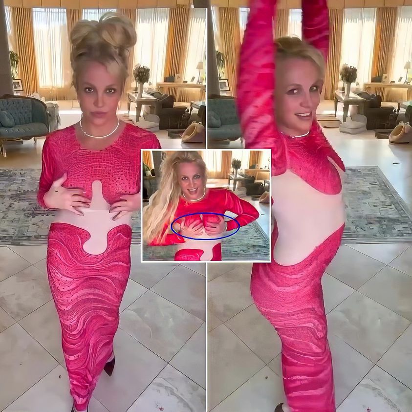 Britney Spears puts on a playful dance as she grabs her cleavage in semi-sheer pink maxi dress ...